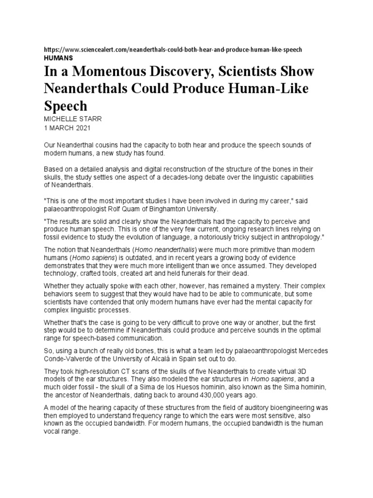 In A Momentous Discovery Scientists Show Neanderthals Could Produce Human Like Speech Pdf