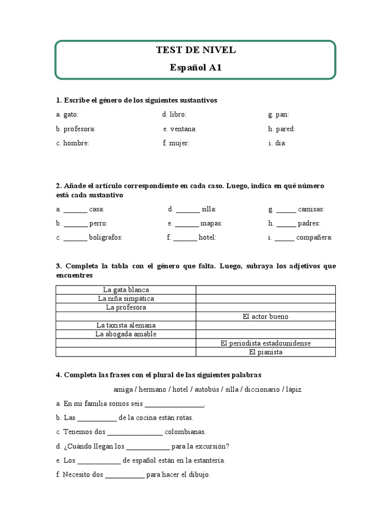 Test Español A1 | PDF | Verbo | Lingüística