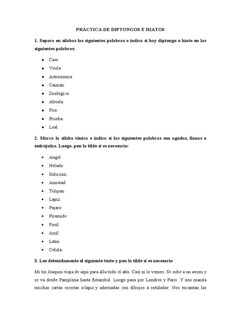 Identificando diptongos, hiatos y acentuación en palabras y textos | PDF