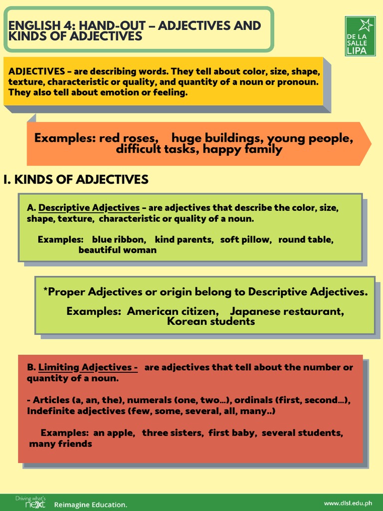 Handout - Kinds of Adjectives and Order of Adjectives | PDF