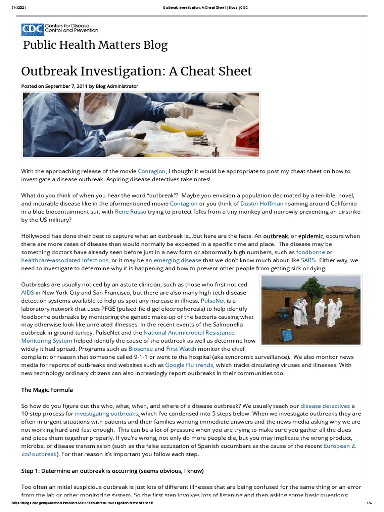 Outbreak Investigation - A Cheat Sheet - Blogs - CDC | PDF | Epidemiology | Centers For Disease ...