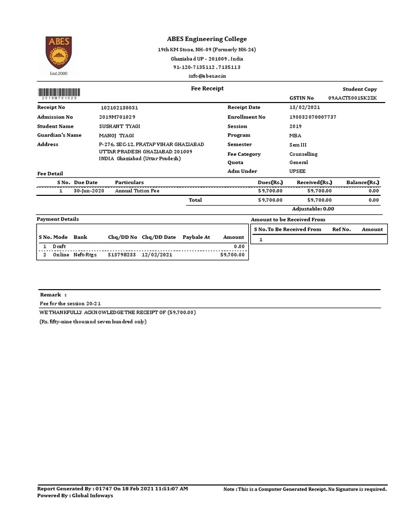 ABES Engineering College: Fee Receipt | PDF | Financial Services ...