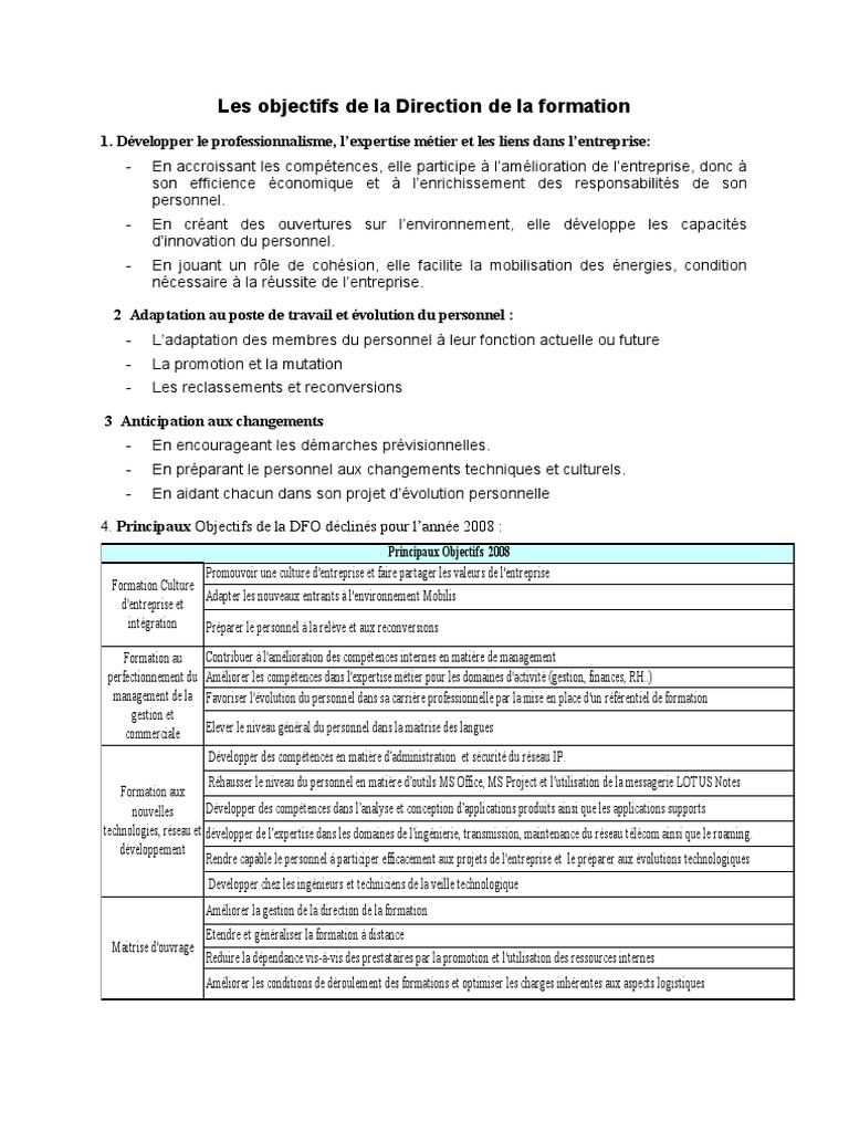 Objectifs de la Direction de la Formation | PDF | Sociétés | Gestion ...
