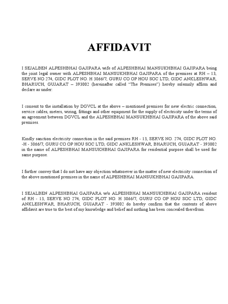 Affidavit For Electricity Connection | PDF