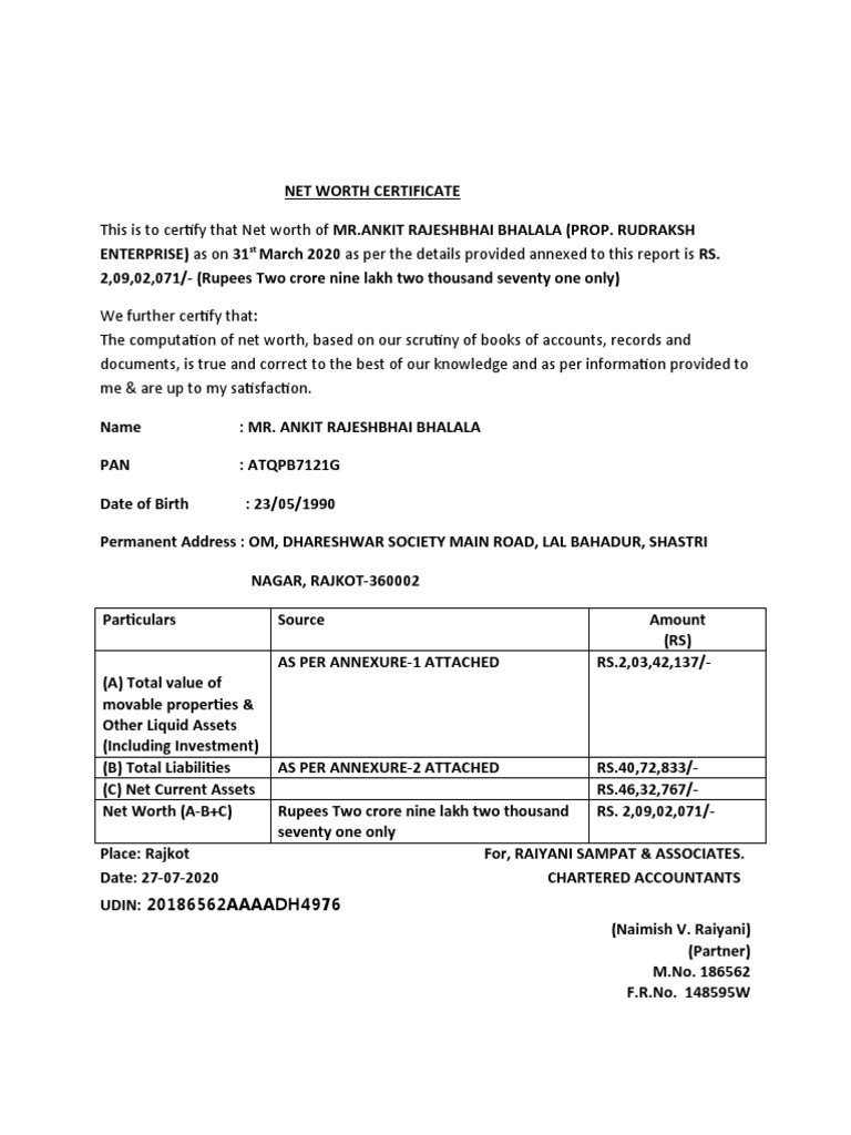Net Worth Certi | PDF | Valuation (Finance) | Banking