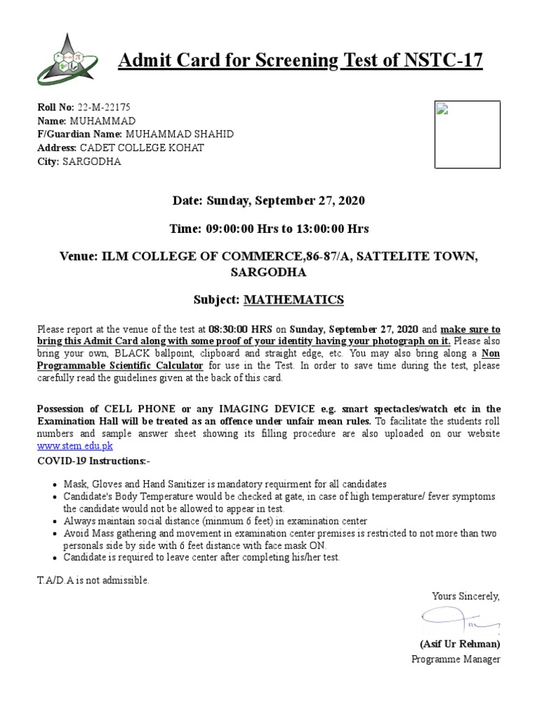 Admit Card For Screening Test of NSTC-17 | PDF | Multiple Choice | Science