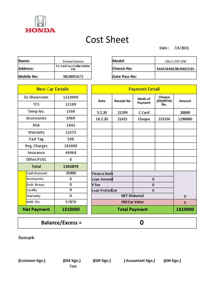 Cost Sheet: New Car Details Payment Detail | PDF | Payments | Services ...