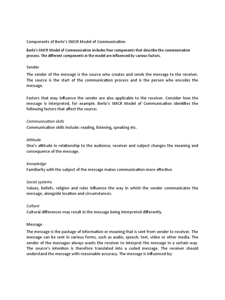 Berlo's SMCR Communication Model Explained | PDF | Communication ...