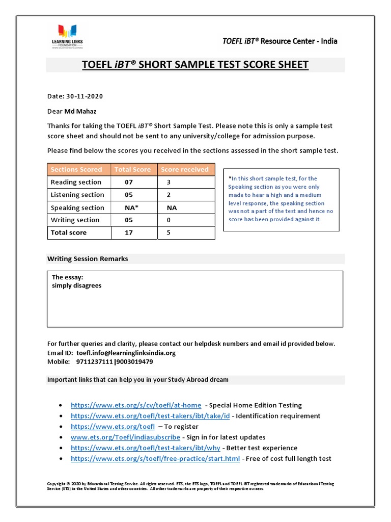 Toefl Ibt® Short Sample Test Score Sheet: Sections Scored Total Score ...