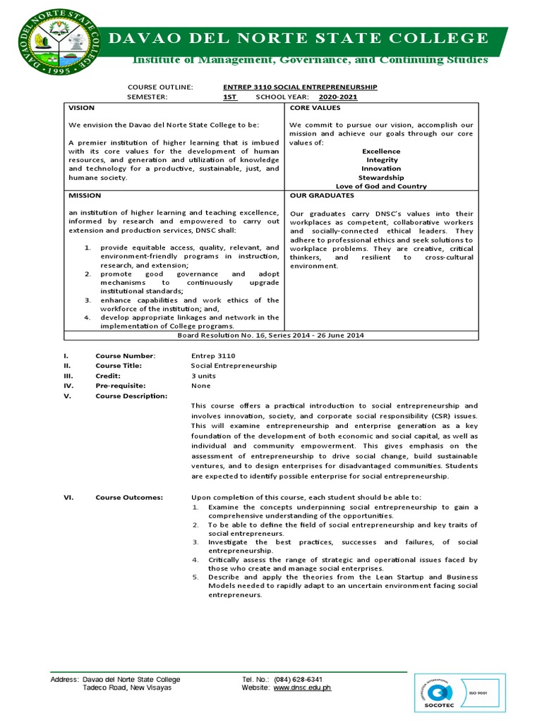 Course Outline - Social Entrepreneurship | PDF | Social ...