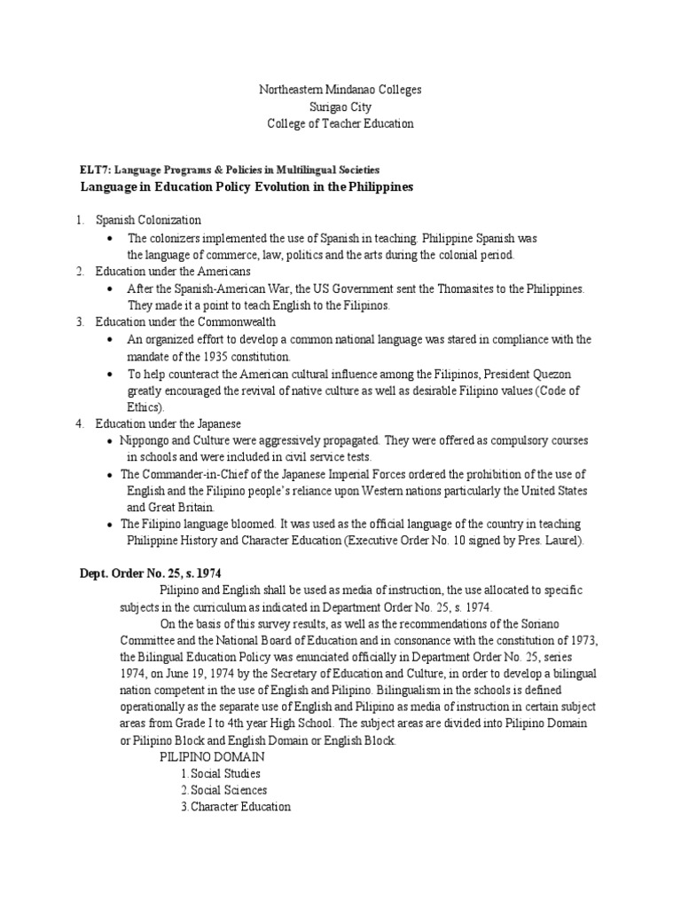 Language in Education Policy Evolution in The Philippines | PDF ...