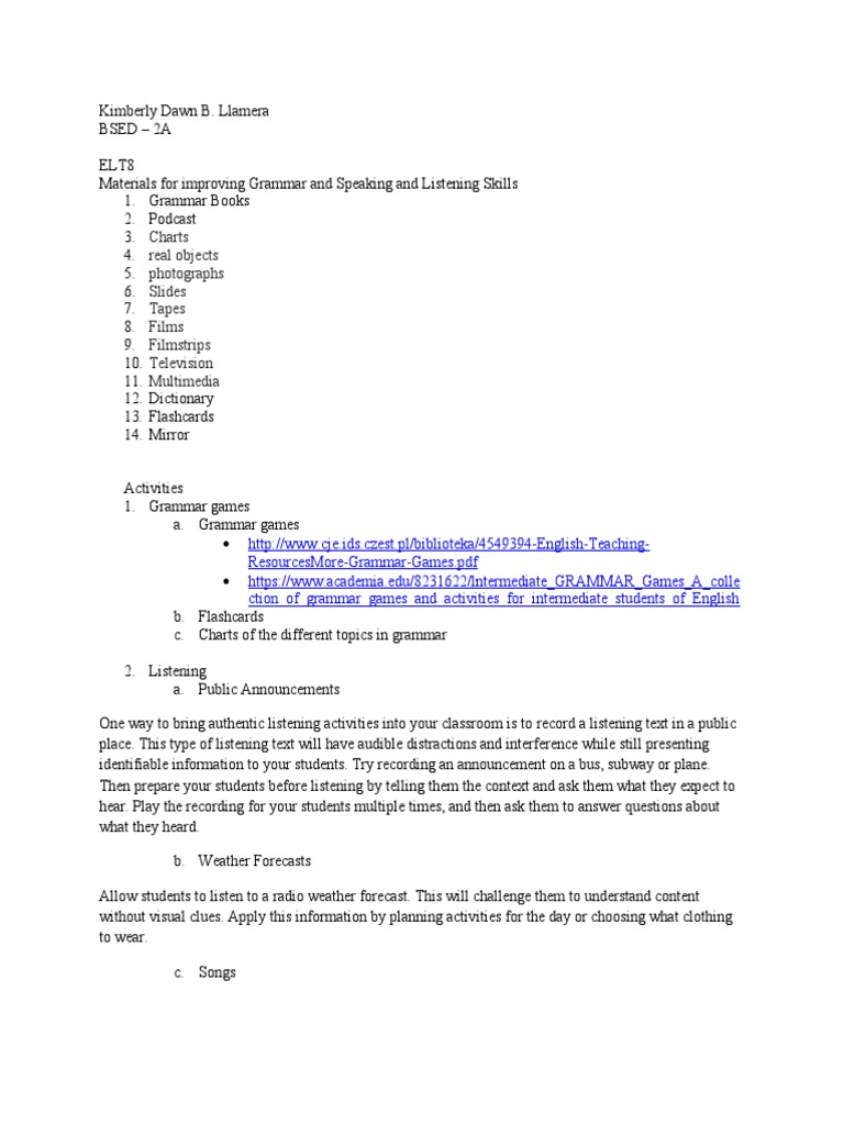 Materials and activities for improving ELT skills | PDF | Human ...