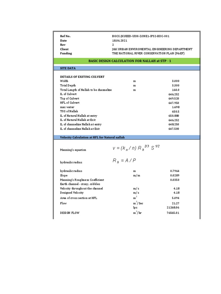 V (K / N) R S R A / P: Basic Design Calculation For Nallah at STP - 1 ...