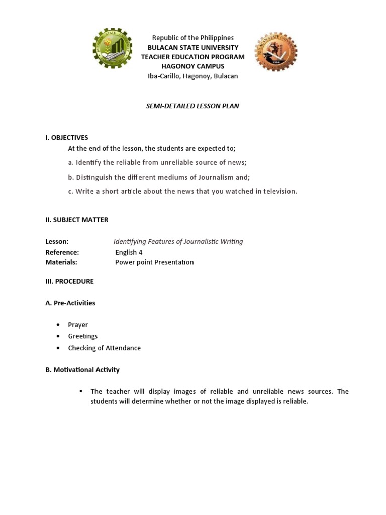 Grade 4 Journalism Lesson Plan | PDF | Journalism | News