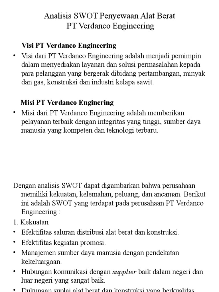 Analisis SWOT Penyewaan Alat Berat PT Verdanco Engineering | PDF