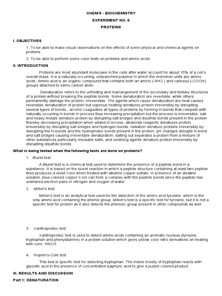 Chem 5 - Biochemistry Experiment No. 6 Proteins | PDF | Denaturation ...