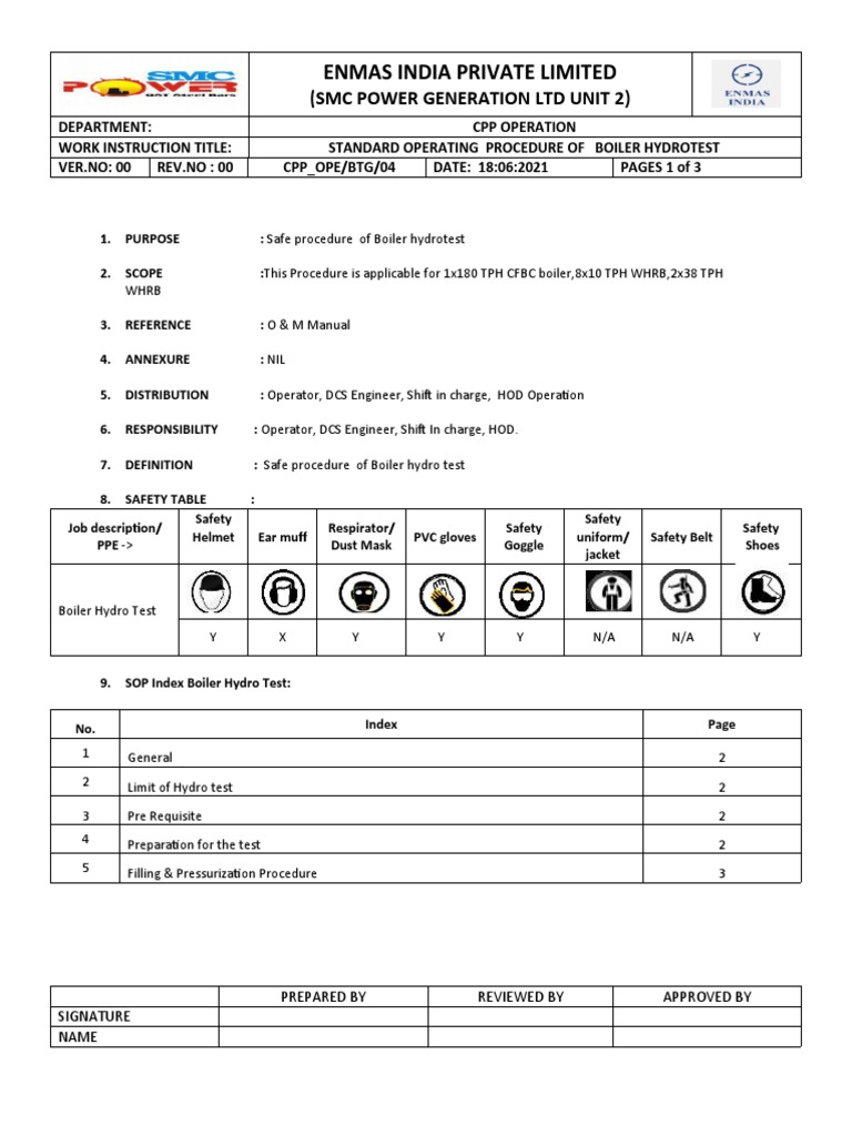 SOP Boiler Hydrotest | PDF | Boiler | Pump