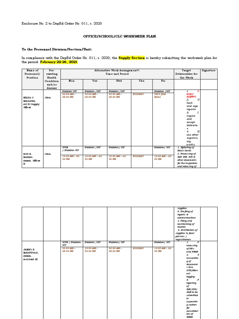 Enclosure No. 2 To Deped Order No. 011, S. 2020: Office/School/Clc Workweek Plan | PDF | Business