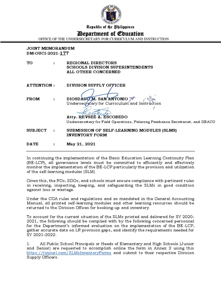 SIGNED Revised DM OUCI 2021 177 5.21.21 Joint Memo SLM Inventory Form ...
