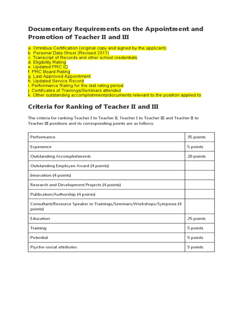 Documentary Requirements On The Appointment and Promotion of Teacher II ...
