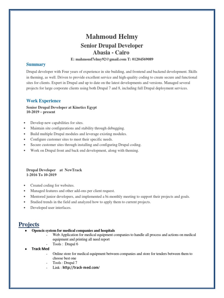 Senior Drupal Developer Mahmoud Helmy Resume | PDF | Drupal | Computer ...