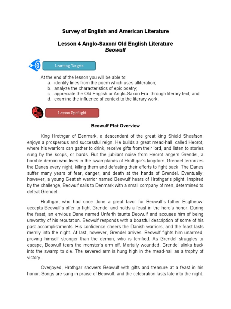 Survey of English and American Literature Lesson 4 Anglo-Saxon/ Old ...