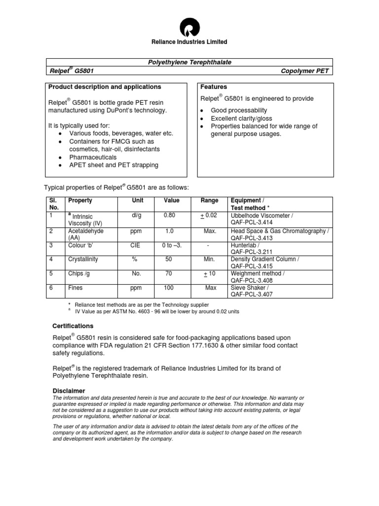 Polyethylene Terephthalate Relpet G5801 Copolymer Pet | PDF | Wellness ...