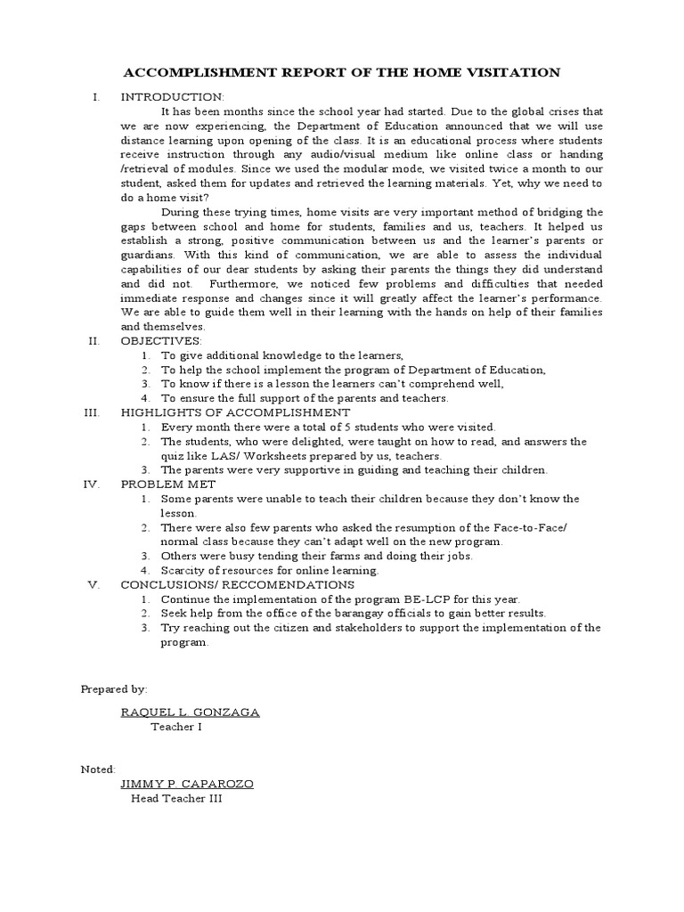 Accomplishment Report of The Home Visitation | PDF | Learning | Teachers