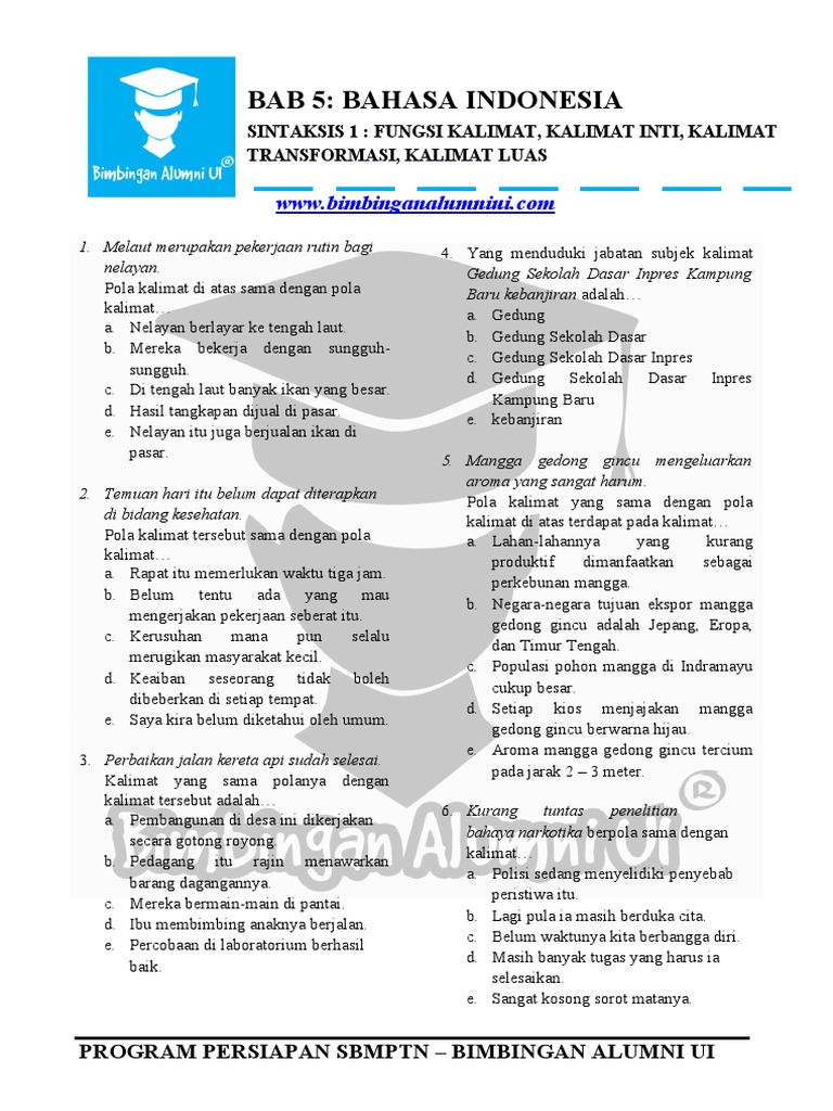 BAB 5 - SINTAKSIS 1 FUNGSI KALIMAT, KALIMAT INTI, KALIMAT TRANSFORMASI ...