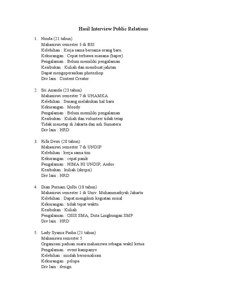 Hasil Interview Public Relations | PDF