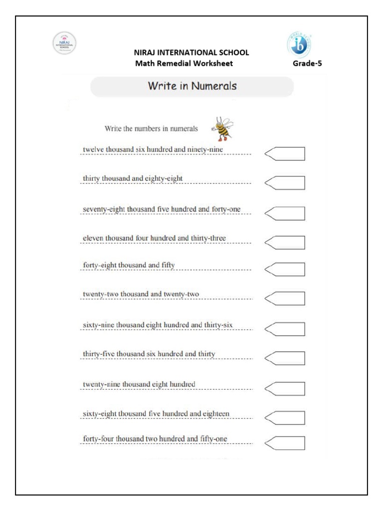 Niraj International School Math Remedial Worksheet Grade-5 | PDF