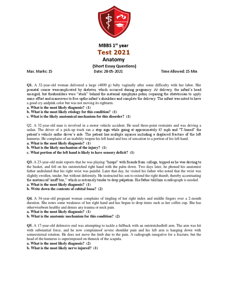 MBBS 1st Year SEQS | PDF | Arm | Limbs (Anatomy)