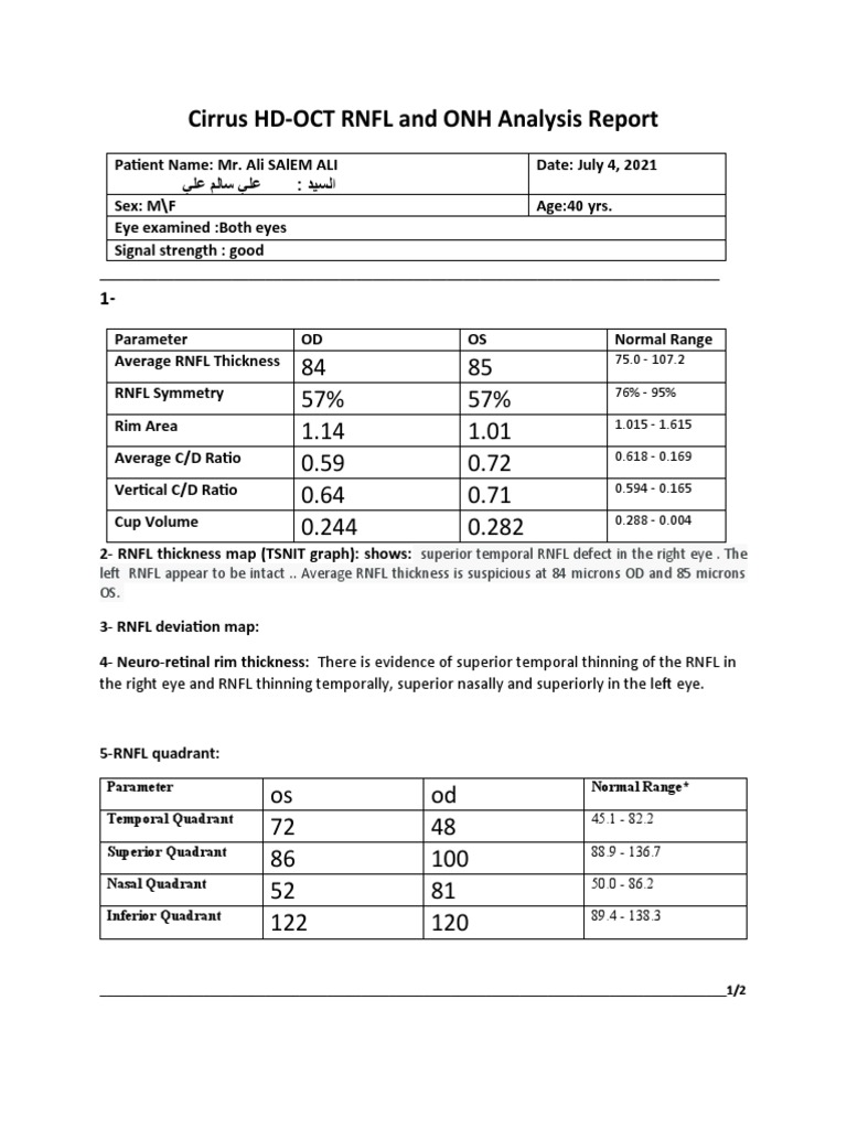 Cirrus HD-OCT RNFL and ONH Analysis Report | PDF | Science | Science ...