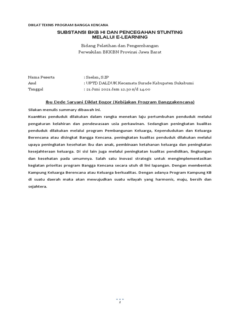 FORM RESUME BKB HI 2021 Saelan, S.IP Kebijakan Program Banggakencana | PDF | Karier ...