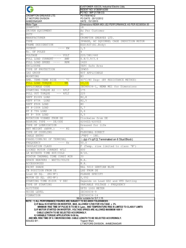 Datasheet Motor 2hp Monofasico | PDF | Electric Motor | Physical Quantities