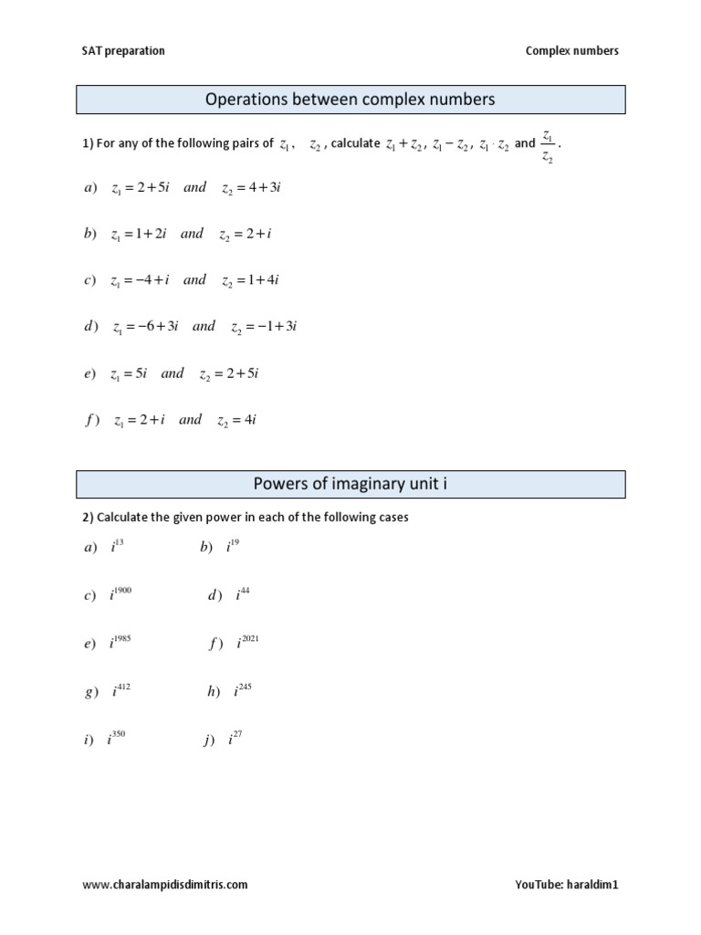 SAT Preparatory Exercises On Complex Numbers | PDF