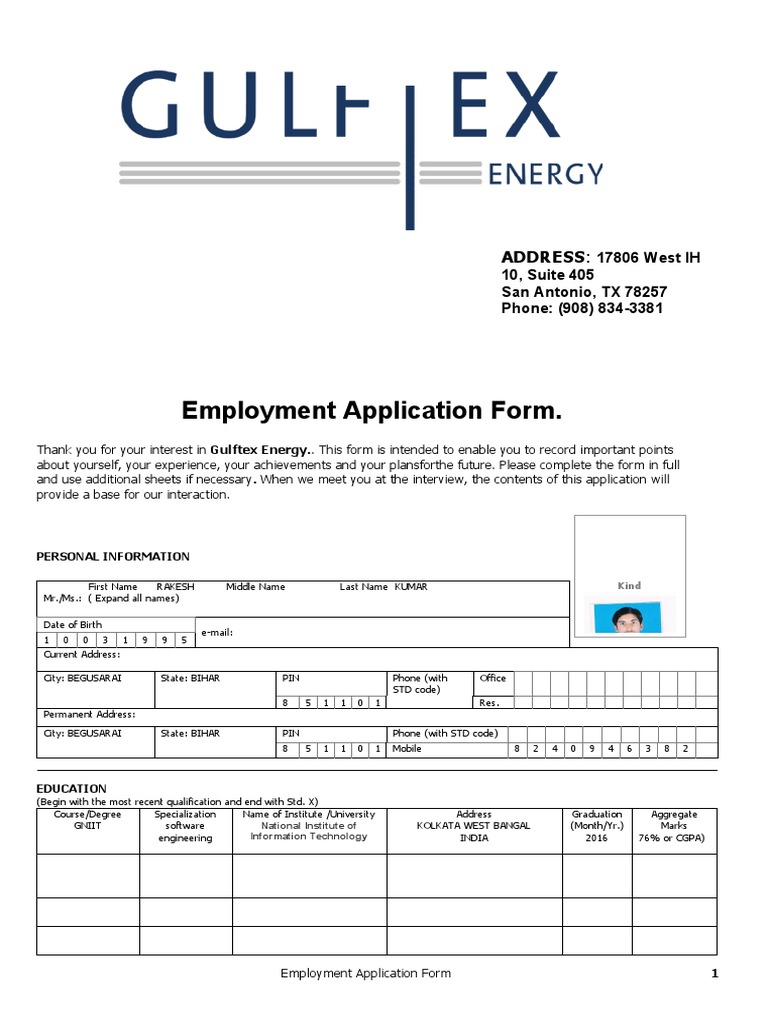Gulftex Energy Employment Application Form | PDF | Background Check ...