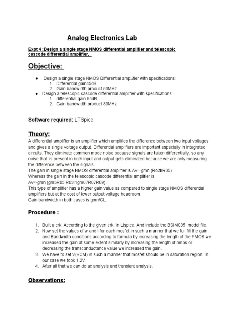 Objective:: Analog Electronics Lab | PDF | Amplifier | Mosfet