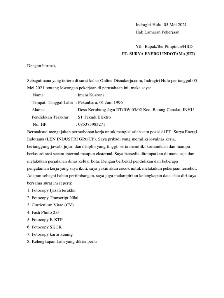 Lamaran Kerja Imam Kusroni di INHU | PDF | Karier & Perkembangan | Bisnis