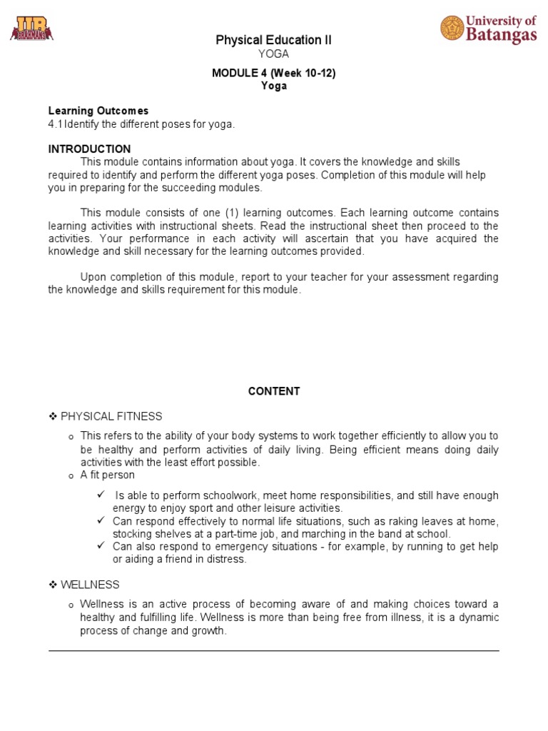 Physical Education II: MODULE 4 (Week 10-12) Yoga Learning Outcomes ...