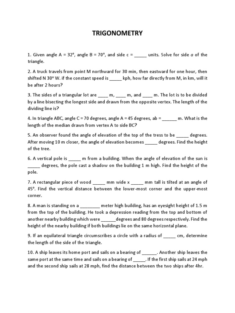 Trigonometry Questionnaire | PDF