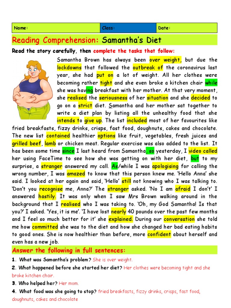 Reading Comprehension Samanthas Diet Reading Comprehension Exercises ...