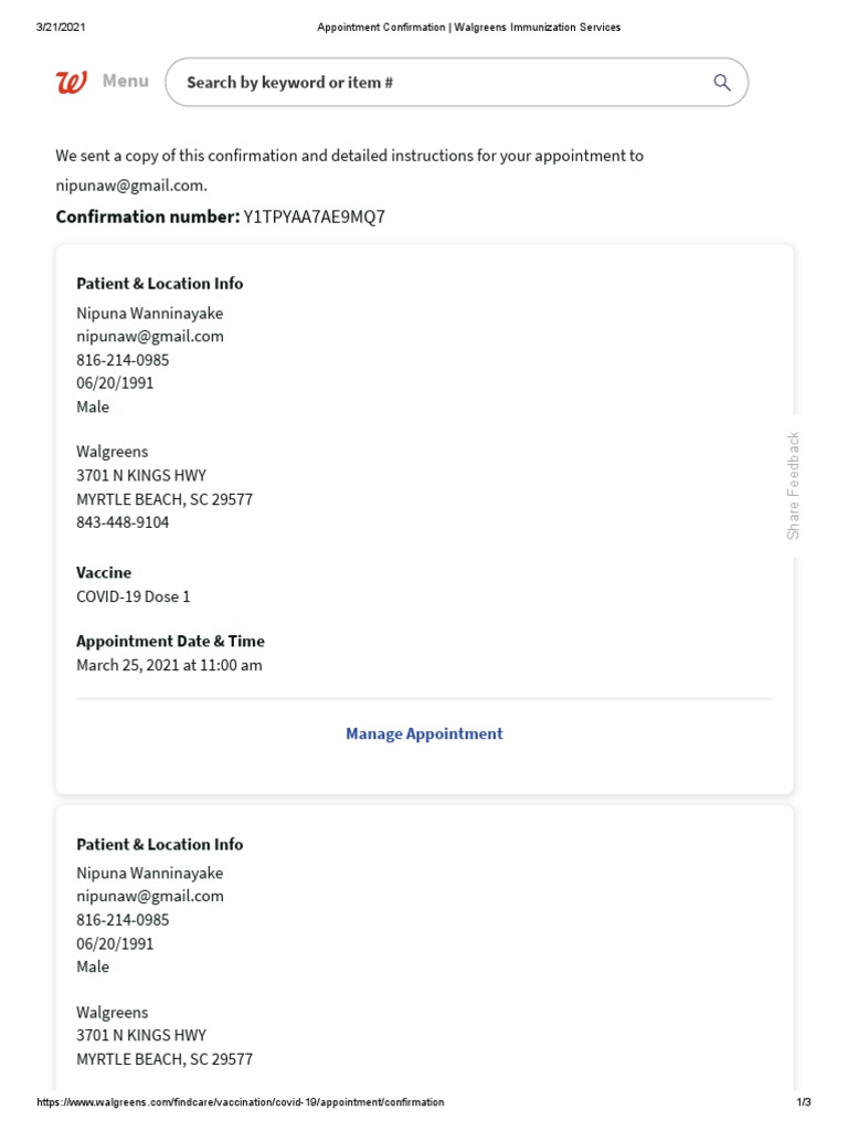 Appointment Confirmation - Walgreens Immunization Services | PDF ...
