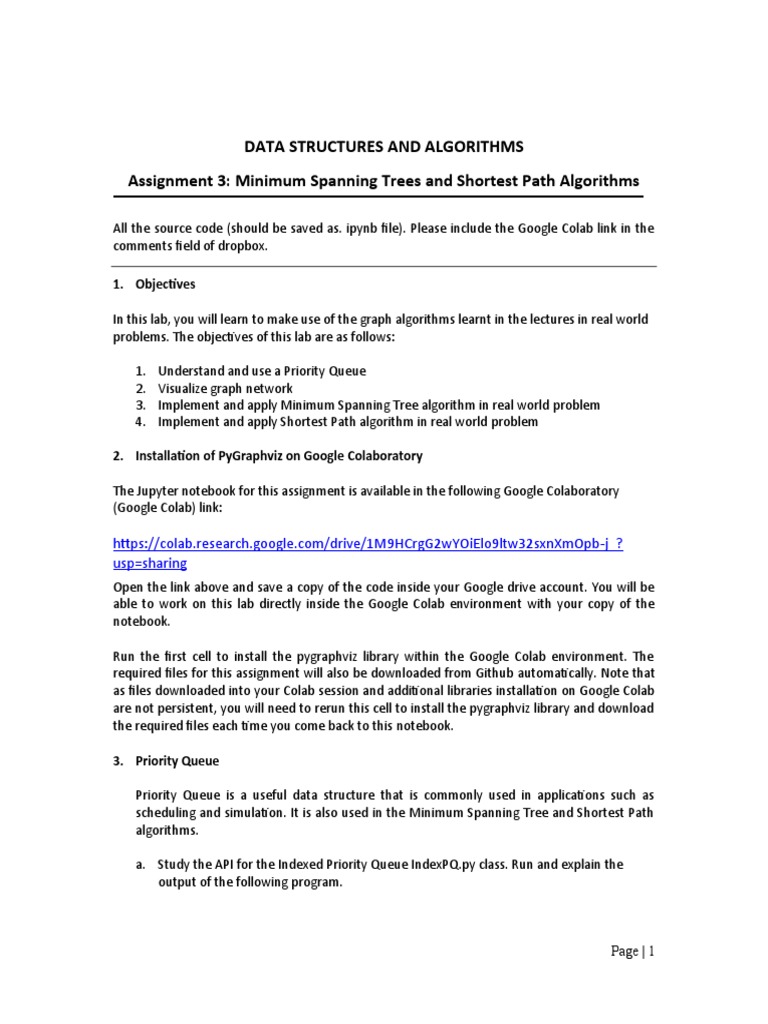 Data Structures And Algorithms Assignment 3 Minimum Spanning Trees And