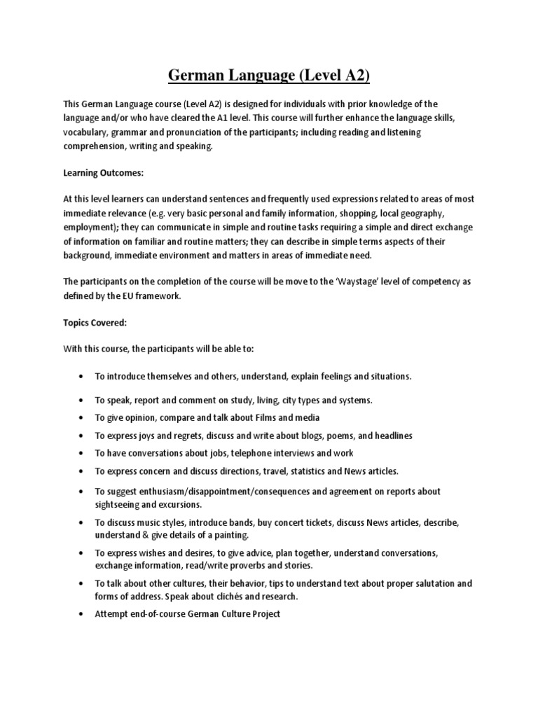 German Language (Level A2) : Learning Outcomes | PDF | Foreign Language ...