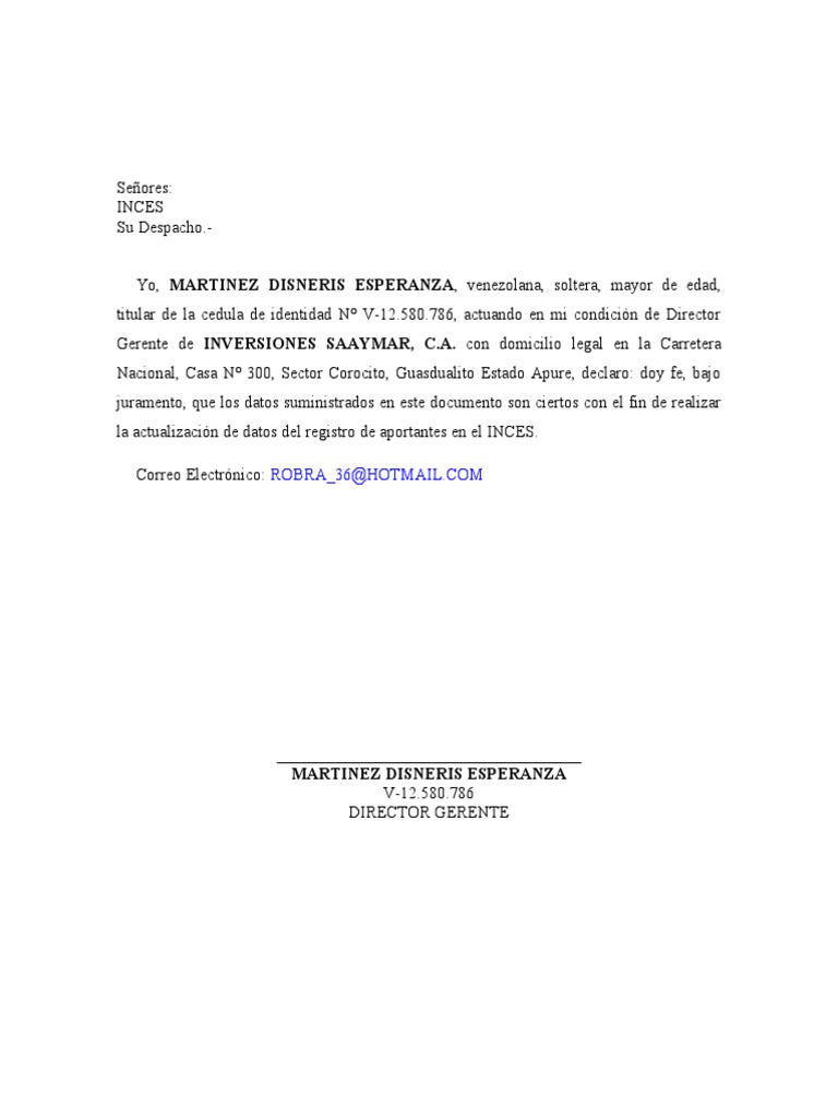 Carta Bajo Fe Juramento Inces | PDF | Autenticación | Gobierno y ...