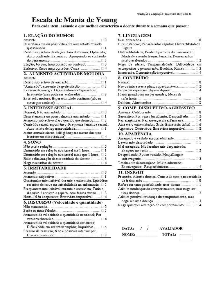 YMRS - Português | PDF | Diagnóstico psiquiátrico | Transtornos mentais ...