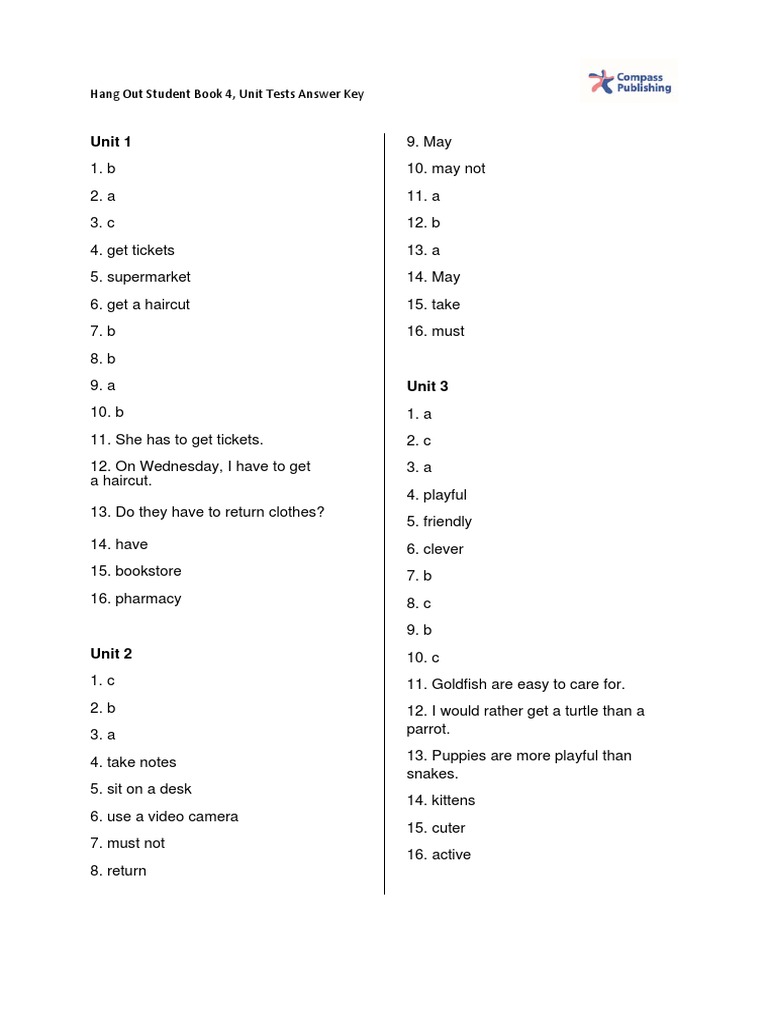 Hang Out 4 Unit Tests Answer Key | PDF | Nature