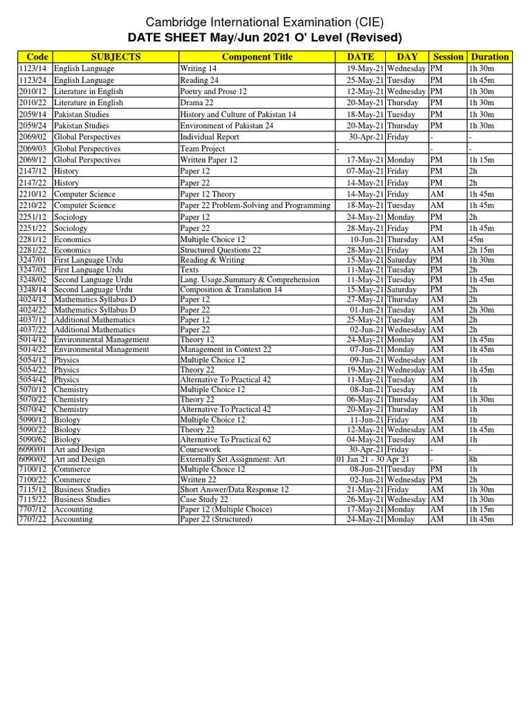 DATE SHEET May/Jun 2021 O' Level (Revised) : Cambridge International ...