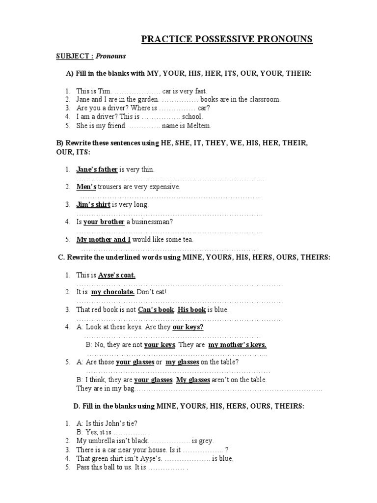 Possessive Pronouns Practice Worksheet | PDF